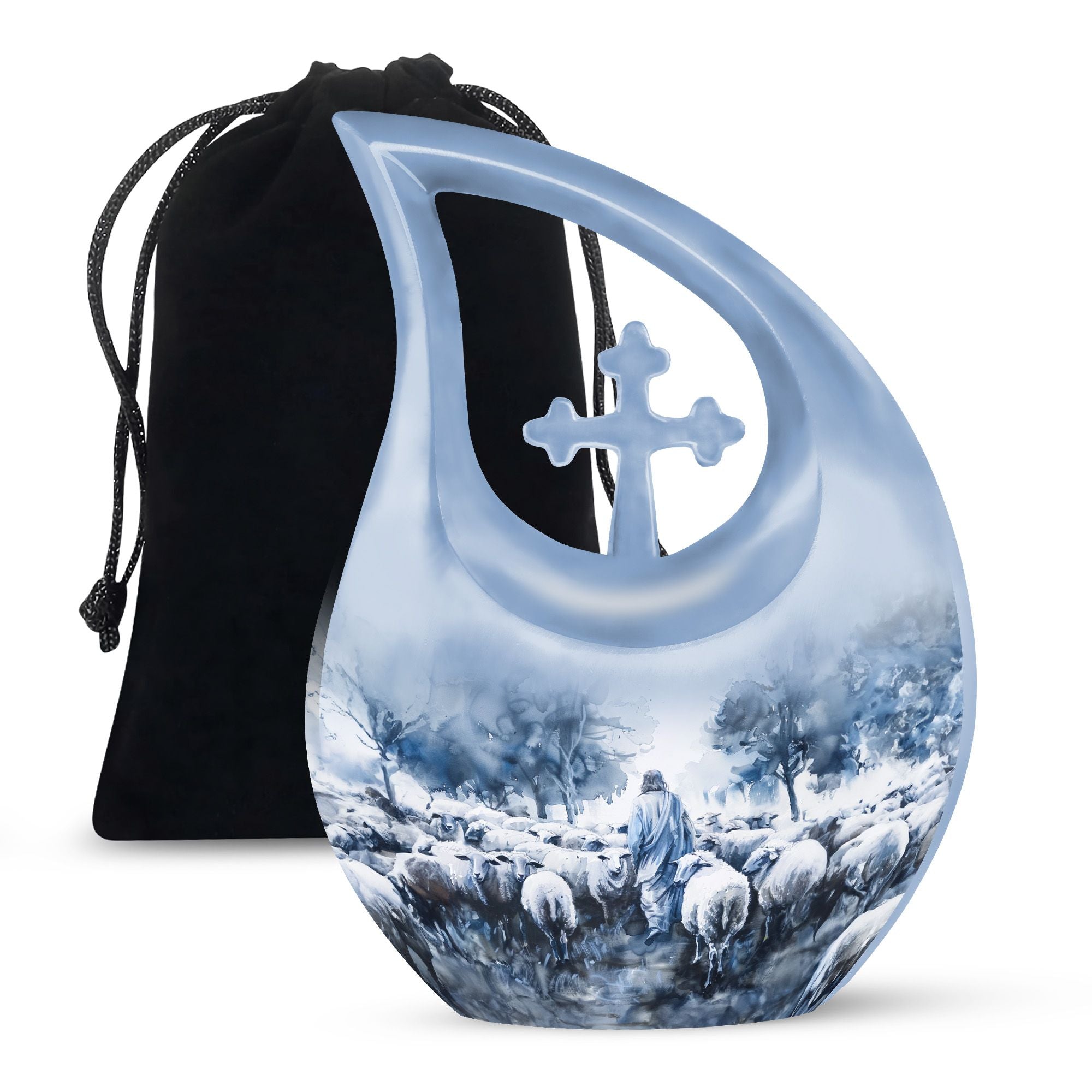 Good Shepherd Cremation Urn – Light Blue Adult Memorial Urn Jesus Artw ...